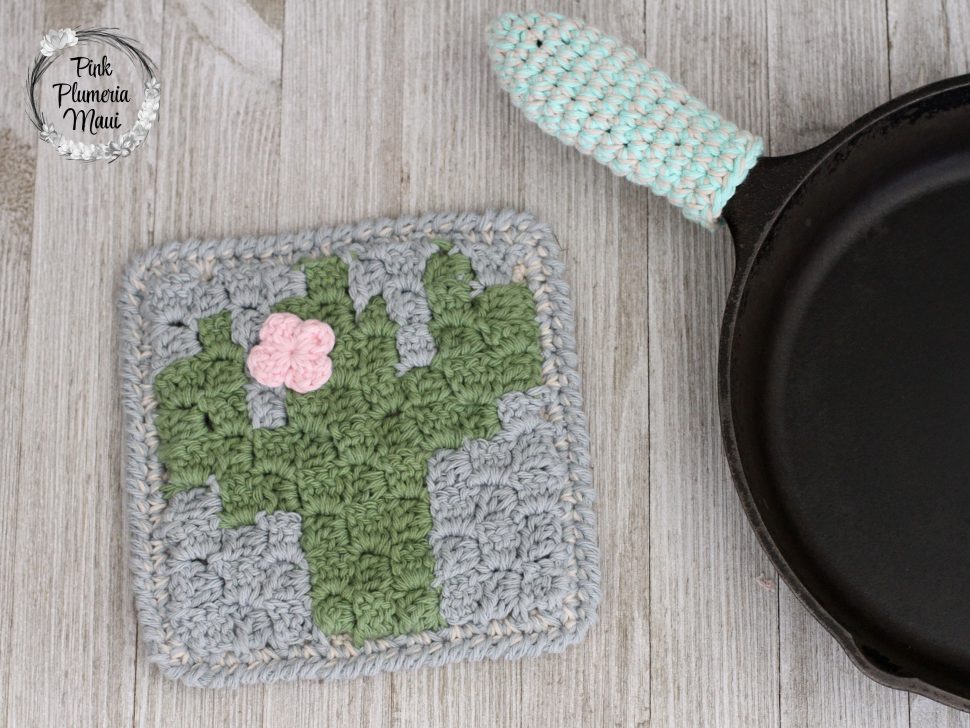 Crocheted C2C Cactus Pot Holder - Pink Plumeria Maui